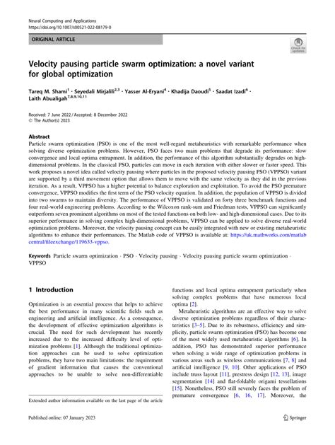 pdf velocity pausing particle swarm optimization a novel variant for global optimization