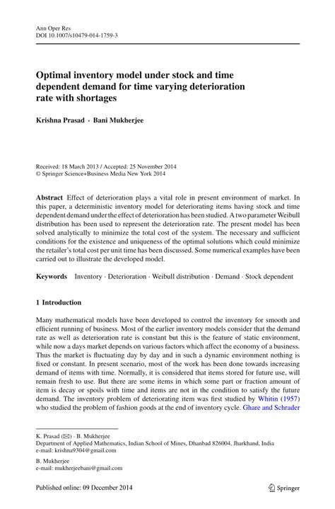 Pdf Optimal Inventory Model Under Stock And Time Dependent Demand For Time Varying
