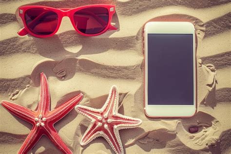 Flat Lay Of Black Blank Phone Screen Sunglasses And Starfish On Sand