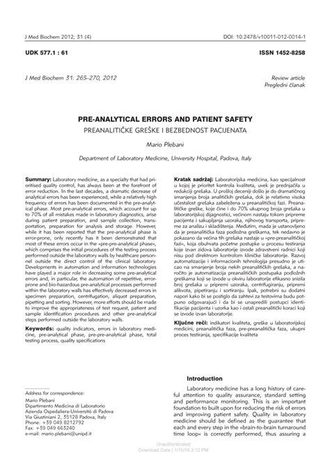 Pdf Pre Analytical Errors And Patient Safety Preanalitičke Greške I Bezbednost Pacijenata