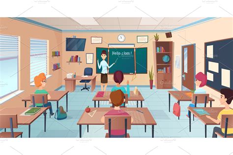 Lesson In Classroom Pupils At Desks Background Graphics ~ Creative