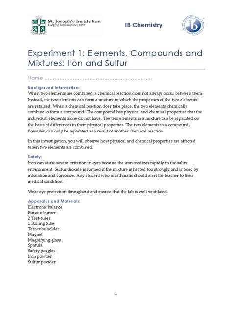 Experiment 1 Elements Compounds And Mixtures Pdf Chemical Substances Chemical Elements