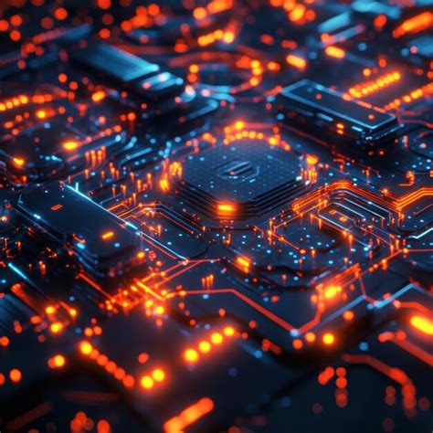 Glowing Orange Lines And Circuits On A Dark Motherboard Premium Ai