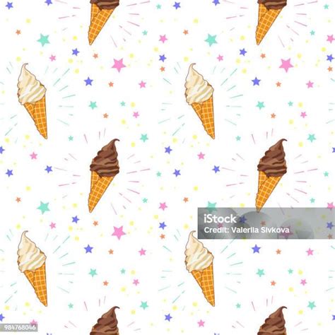 별과 동그라미와 분홍색 배경에 화려한 아이스 크림의 완벽 한 패턴입니다 웹 사이트 광고 배너 포스터 전단지 명함에 대 한 만화 그림 벡터 일러스트입니다 개념에 대한 스톡