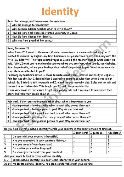 Identity Esl Worksheet By Oral189