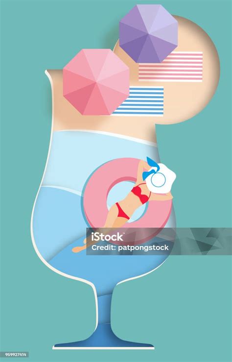 상위 뷰 칵테일 글라스에 여자와 함께 해변입니다 종이 예술 Stylepaper에 여름 해변 고 사탕 색상 스타일 개념에 대한 스톡 벡터 아트 및 기타 이미지 Istock