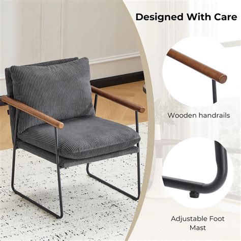 Modern Upholstered Armchair With Wood Armrests And Metal Frame From
