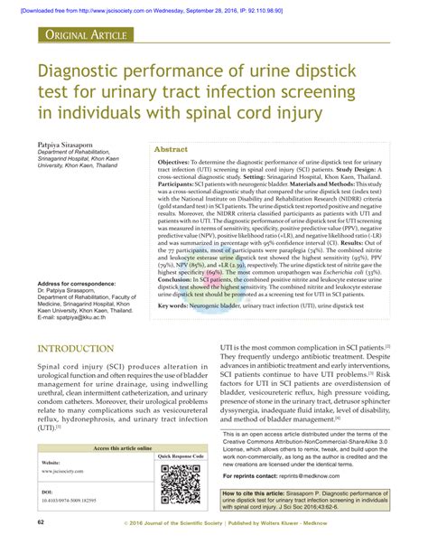 Pdf Diagnostic Performance Of Urine Dipstick Test For Urinary Tract Infection Screening In