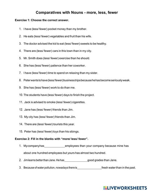 Comparatives With Nouns More Less Fewer Worksheet Live
