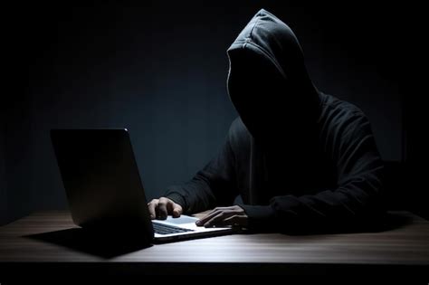 Premium Photo Hacker Wearing Black Hoodie Using Laptop Computer While
