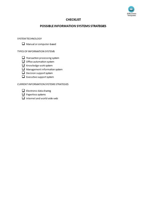 高级 Checklist Possible Information Systems Strategies 样本文件在