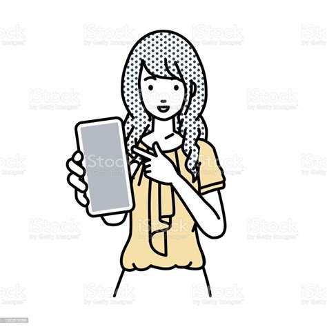 캐주얼 한 작업 스타일의 여성은 미소와 스마트 폰 모형 화면을 추천 제안 표시 및 가리키는 Brand Name Smart Phone에 대한 스톡 벡터 아트 및 기타 이미지