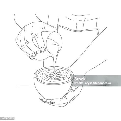 커피에 우유를 붓는 라떼 아트 바리스타 만들기 스케치 스타일의 벡터 그림입니다 라떼아트에 대한 스톡 벡터 아트 및 기타 이미지 라떼아트 일러스트레이션 커피 마실 것