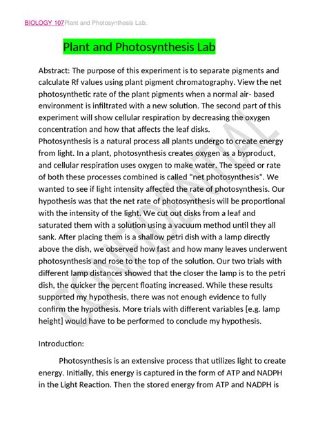 Plant And Photosynthesis Lab Exams Biology Docsity