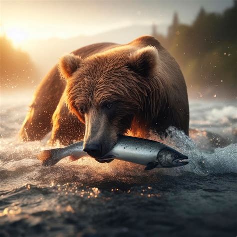 Premium Ai Image Brown Grizzly Bear Catching A Salmon In The River Ai Generative