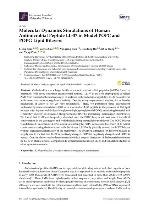 Pdf Molecular Dynamics Simulations Of Human Antimicrobial Peptide Ll 37 In Model Popc And Popg