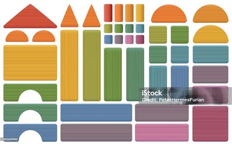 건물 키트벽돌 지붕 첨탑 기둥 및 아치 서 까 래와 장난감 블록의 다채로운 세트나무 질감으로 모든 부품 벡터 일러스트 레이 션 흰색 배경에 고립 블럭에 대한 스톡 벡터 아트