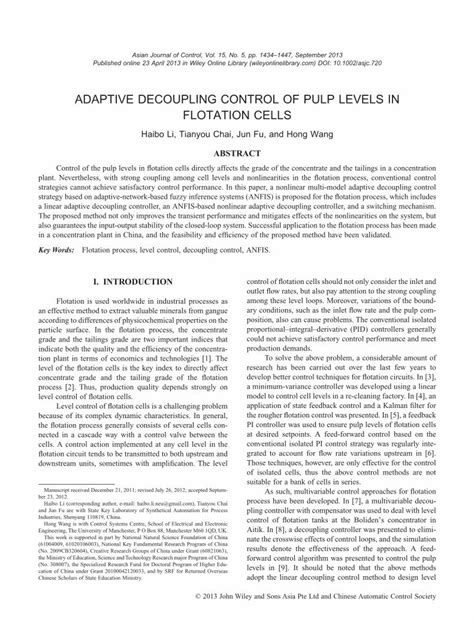 Pdf Adaptive Decoupling Control Of Pulp Levels In Flotation Cells Dokumentips