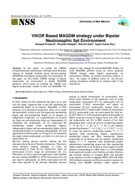 Pdf Vikor Based Magdm Strategy Under Bipolar Neutrosophic Set Environment