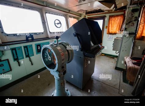 Navigational Bridge And Control Device On Old Abandoned Ship Stock