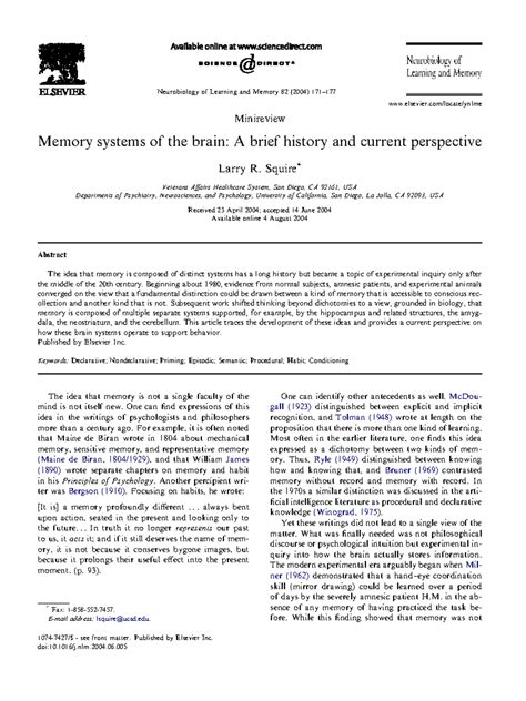 Larry R Squire One Of The Articles Minireview Memory Systems Of The Brain A Brief History