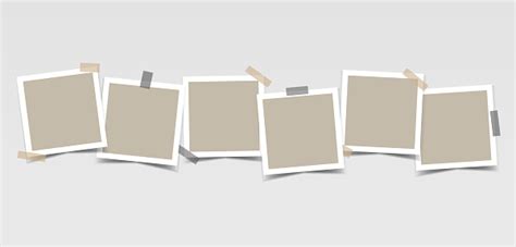 베이지 색 빈 사진 프레임과 덕트 테이프가 연속으로 있습니다 디자인 프리젠 테이션 사진을위한 벡터 현실적인 모형 흰색 테두리가있는 여섯 개의 사각형 사진 카드 빈 템플릿