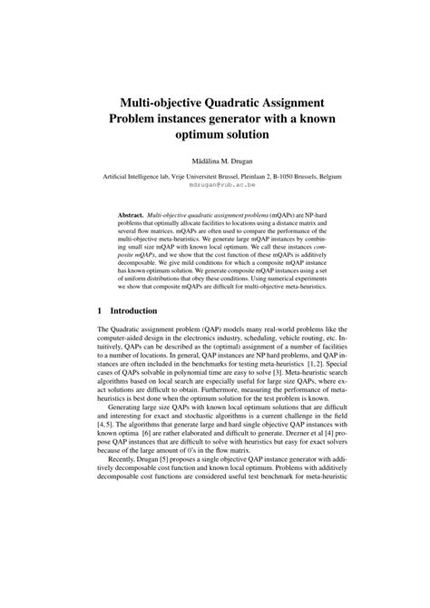Pdf Multi Objective Quadratic Assignment Problem Instances Generator With A Known Optimum Solution