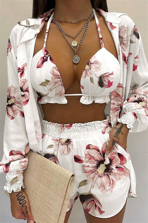 Wholesale White Sexy Print Patchwork Turndown Collar Long Sleeve Three Pieces K Online