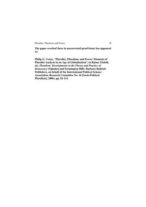 Pdf Plurality Pluralism And Power Elements Of Pluralist Analysis In An Age Of Globalization