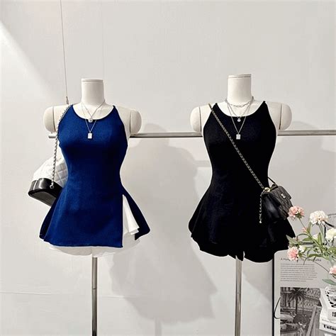 최저가 Y2k하이틴유니크 멜팅 섹시 글램 슬림나시 홀터넥 셔링 프릴 언발 사선 트임 A라인 플레어 슬립나시 뷔스티에나시 니트나시 가을니트 블라우스 페스티벌