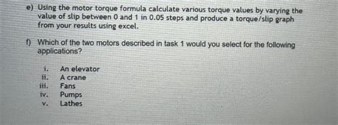 Solved E Using The Motor Torque Formula Calculate Various Chegg