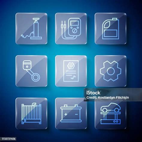 세트 라인 자동차 라디에이터 냉각 시스템 배터리 리프트에 자동차 수리 모터 기계 오일 캐니스터 자동 서비스 점검 자동차 엔진 피스톤 펌프 및 기어 아이콘 벡터 가솔린에 대한