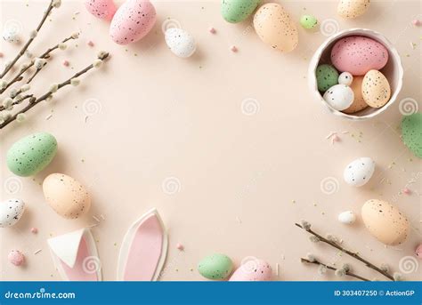 Bowl With Color Packed Eggs Whimsical Bunny Ears Pussy Willow Twigs