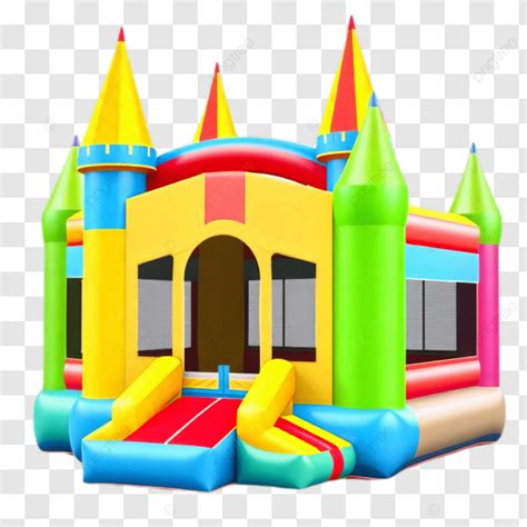 화려한 풍선 탄력 있는 성 활기찬 원색 노란색 벽 푸른 탑 빨간 지붕 녹색 첨탑 어린이 놀이터 장비 쾌활한 디자인 만화 같은 외관 부드러운 질감 야외 파티 매력 재미 있고