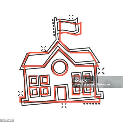 만화 스타일의 학교 건물 아이콘입니다 대학 교육 벡터 만화 일러스트 그림 그림입니다 은행 정부 비즈니스 개념 스플래시 효과 강당에 대한 스톡 벡터 아트 및 기타 이미지