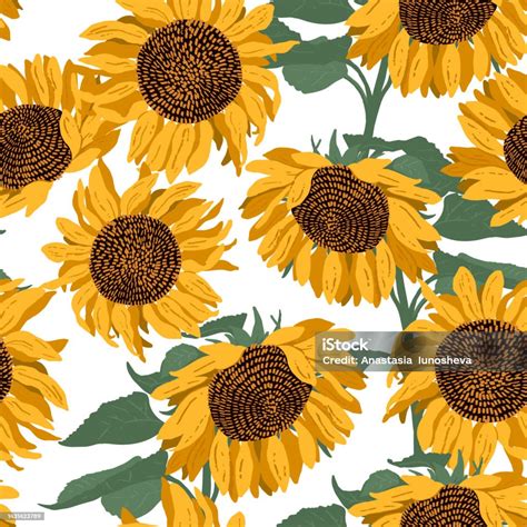 해바라기 이음새가 없는 패턴 포장지 배경 화면 직물 엽서를위한 현대 벡터 일러스트 레이 션 해바라기에 대한 스톡 벡터 아트 및