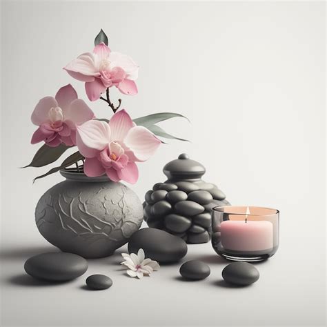 Premium Photo Beautiful Relaxing Spa Set With Candle Stones And Flowers