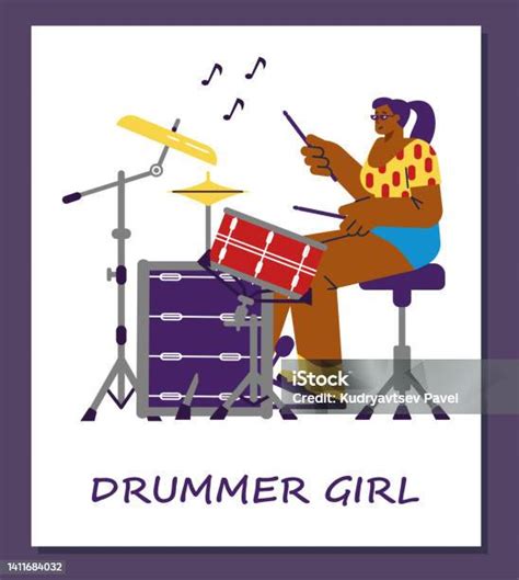 드러머 소녀 여성 만화 캐릭터 플랫 벡터 일러스트 레이 션은 흰색에 고립되어 있습니다 Live Event에 대한 스톡 벡터 아트