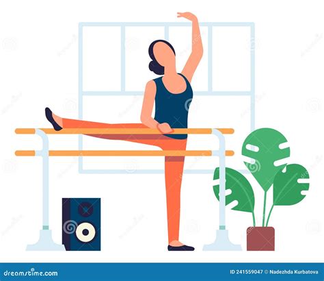 Young Woman Stretching On Ballet Barre Dance Class Training Cartoon Vector