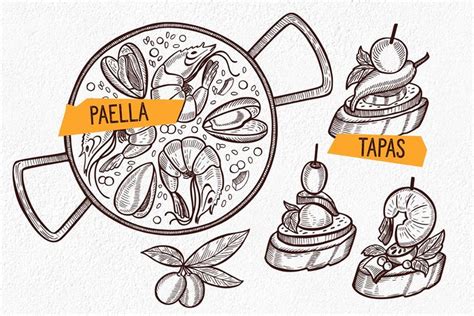 The Ingredients For Paella Tapas Are Shown In This Hand Drawn Sketch