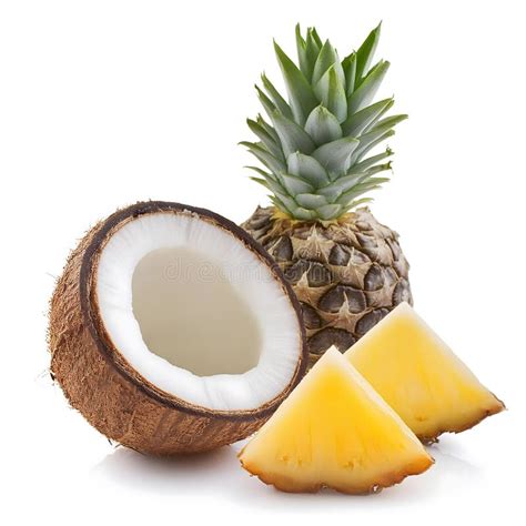 A Fresh Coconut And Pineapple Arrangement Isolated On White Background Stock Illustration