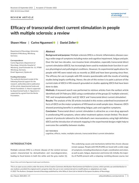 Pdf Efficacy Of Transcranial Direct Current Stimulation In People With Multiple Sclerosis A