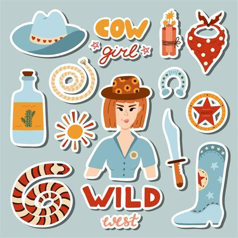 Grande Conjunto De Pegatinas Con Vaquera Ilustraciones Para