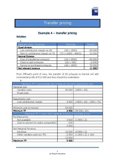 Example 4 Transfer Pricing S 1 © Milpark Education Transfer Pricing