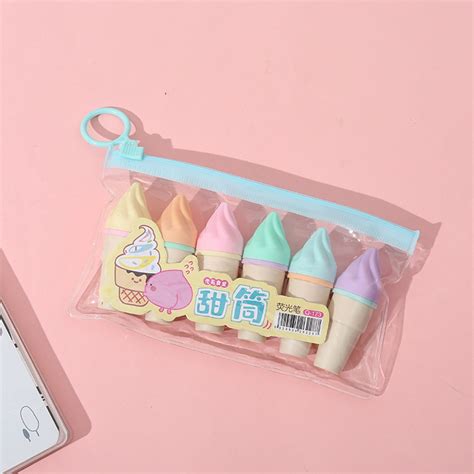 Meiiso 6 Piece Ice Cream Highlighter Set Sweet Cone Fluorescent