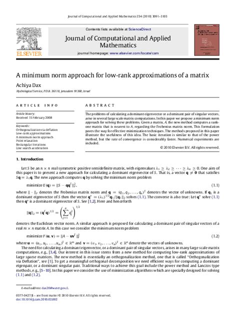 Pdf A Minimum Norm Approach For Low Rank Approximations Of A Matrix