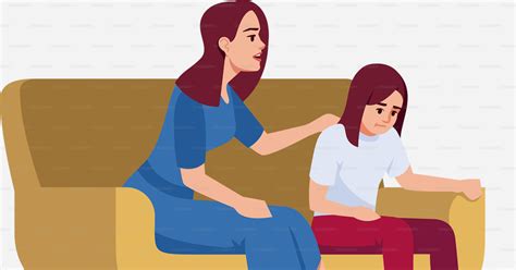 딸과 함께 소파에 앉아 있는 어머니는 세미 플랫 Rgb 컬러 벡터 그림입니다 심리학자 상담 모임을 방문하는 소녀와 함께 있는 여자 흰색 바탕에 고립된 만화 캐릭터 벡터