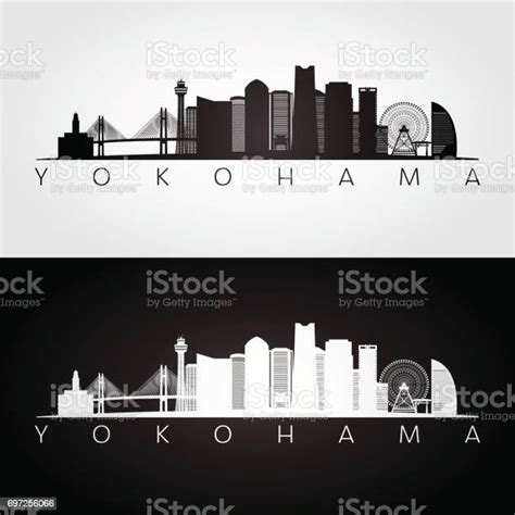 요코하마 스카이 라인와 실루엣 흑인과 백인 디자인 벡터 일러스트 레이 션 요코하마에 대한 스톡 벡터 아트 및 기타 이미지 요코하마 일러스트레이션 실루엣 Istock