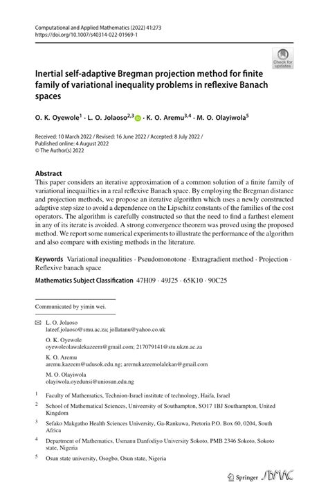Pdf Inertial Self Adaptive Bregman Projection Method For Finite