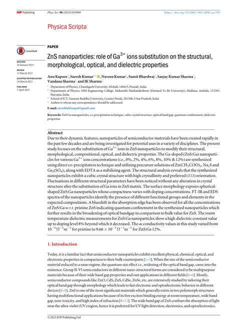 Zns Nanoparticles Role Of Ga3ions Substitution On The Structural Morphological Optical And